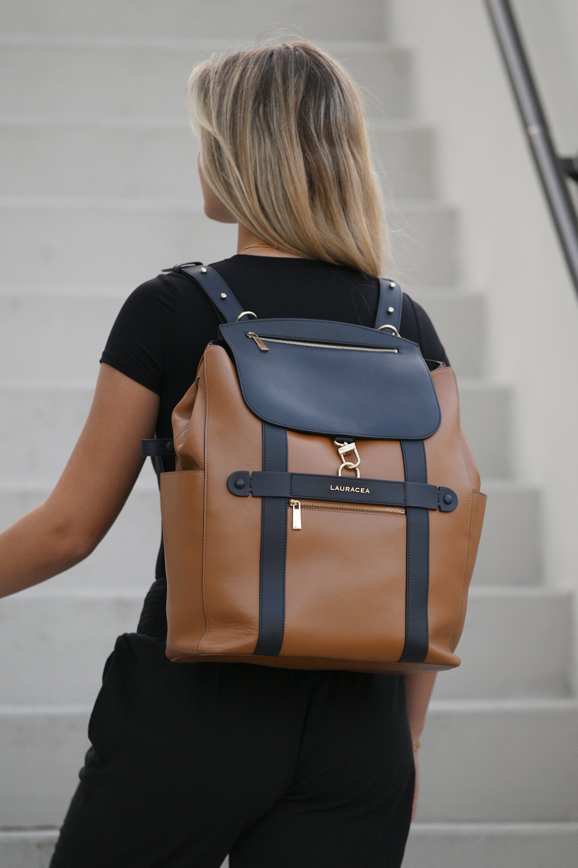 CONVERTIBLE BACKPACK TOTE - CARAMEL / NAVY | LAURACEA